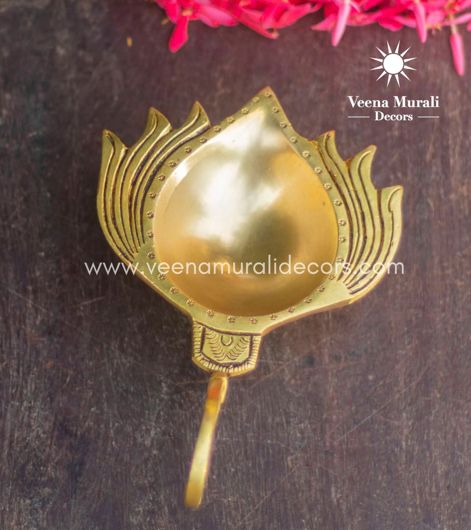 Lotus Shaped Handle Lamp – Elegant Brass Lamp for Pooja and Home Decor